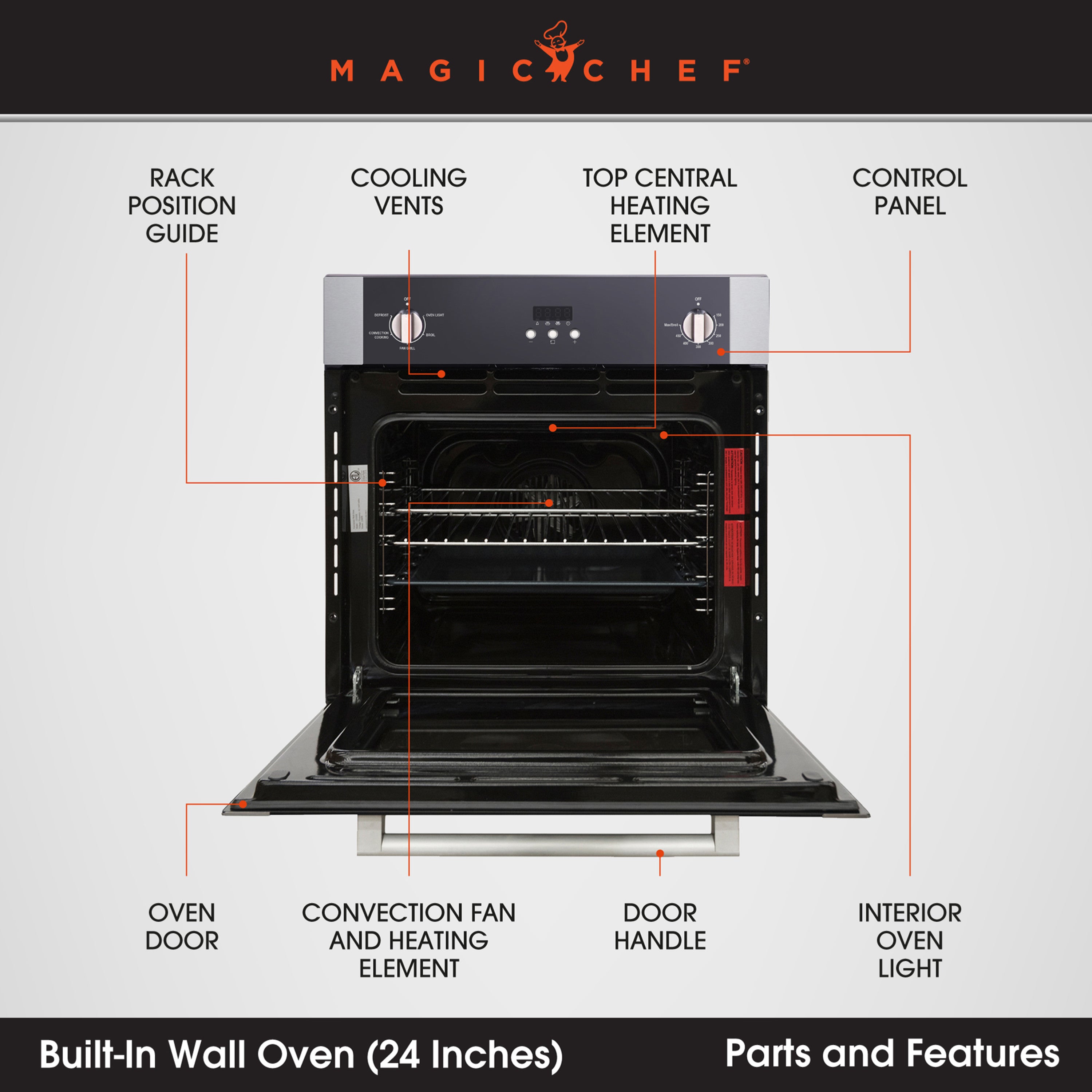 The Magic Chef 24-Inch Built-In Wall Oven has a sleek stainless steel ...